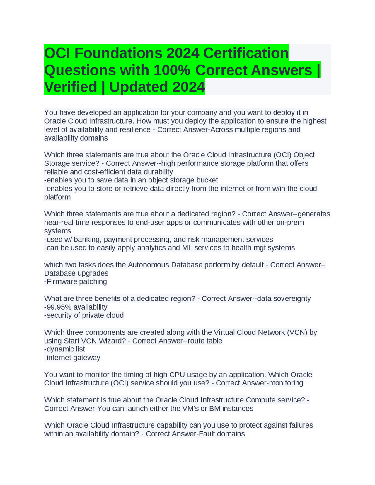 OCI Foundations 2024 Certification Questions with 100% Correct Answers ...