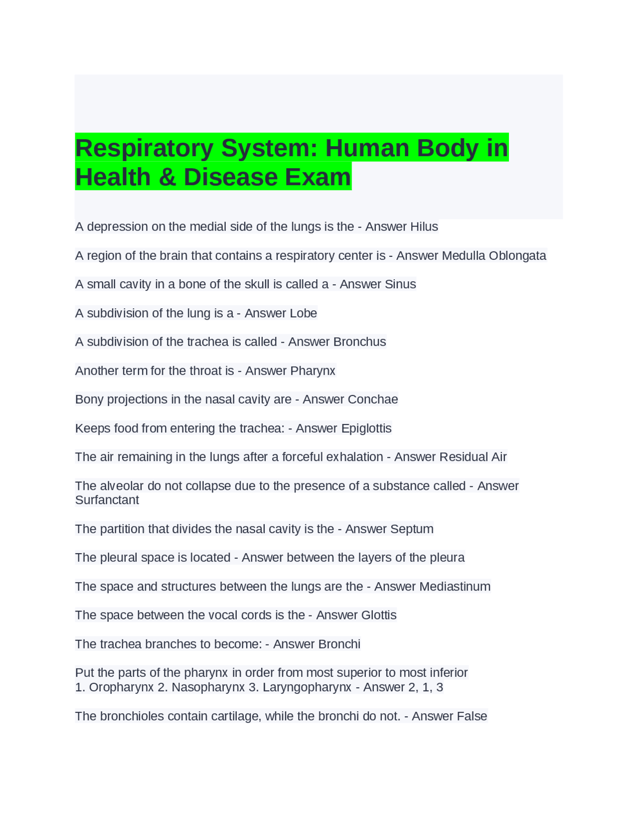 Respiratory System Human Body in Health & Disease Exam with correct ...