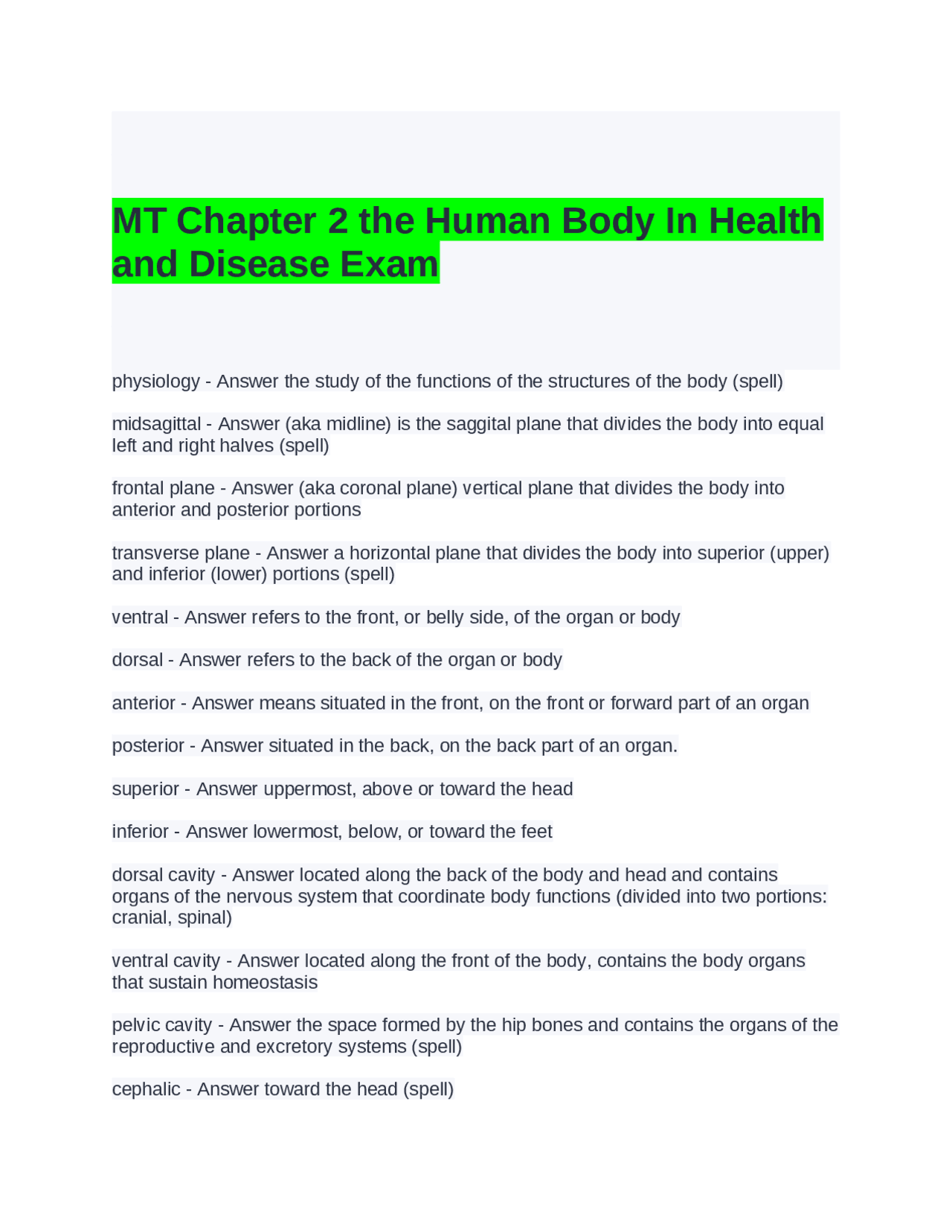 MT Chapter 2 the Human Body In Health and Disease Exam Questions and ...