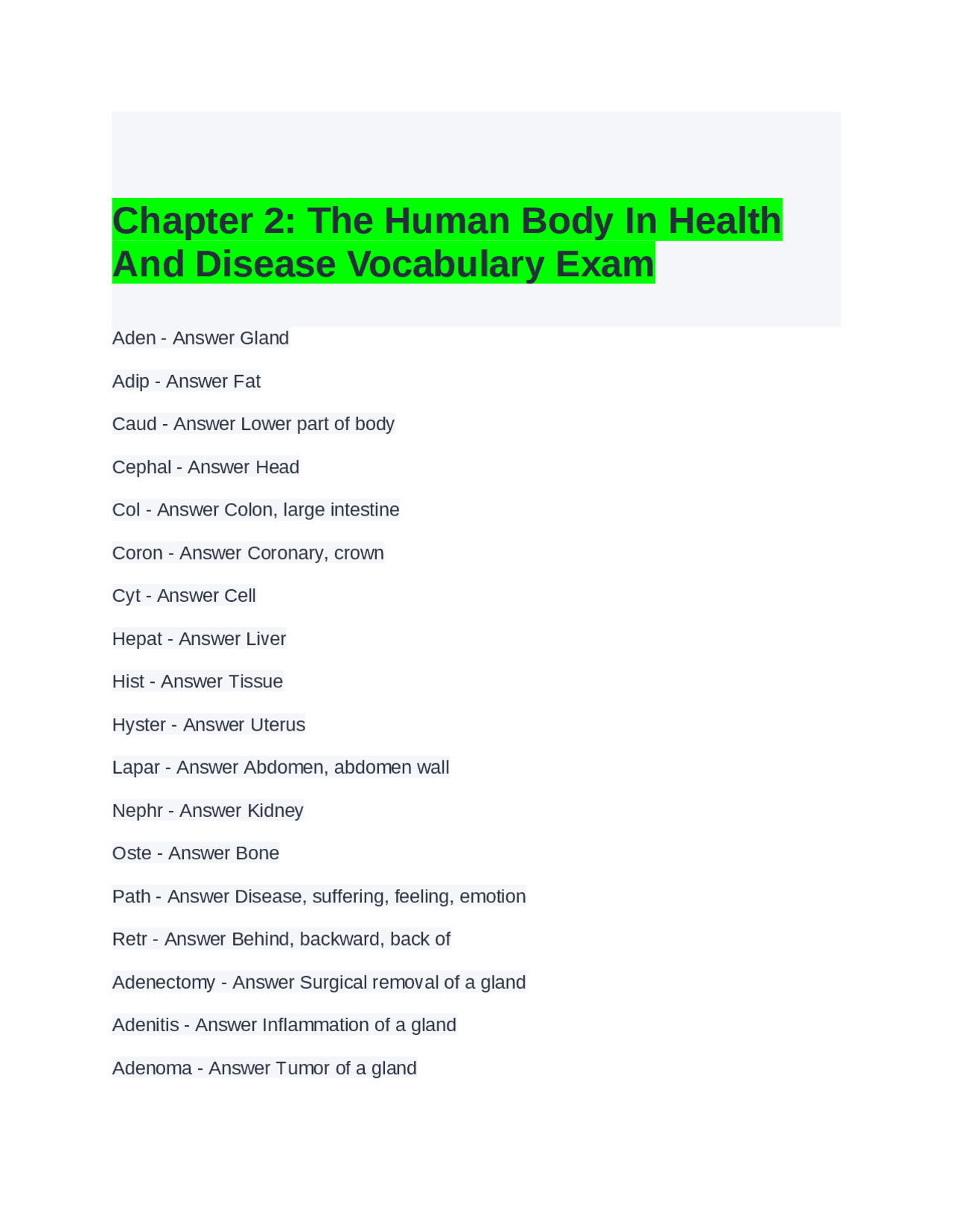 Chapter 2: The Human Body In Health And Disease Vocabulary Exam | Exams ...