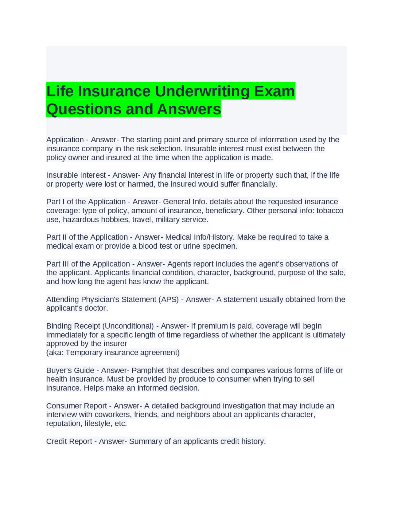 Life Insurance Underwriting Exam: Questions and Answers | Exams ...