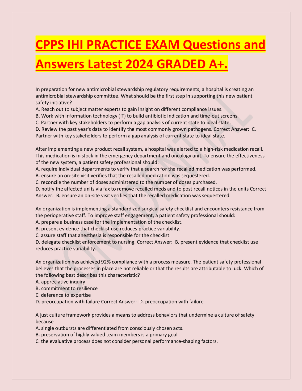 CPPS IHI PRACTICE EXAM Questions and Answers Latest 2024 GRADED A+ ...