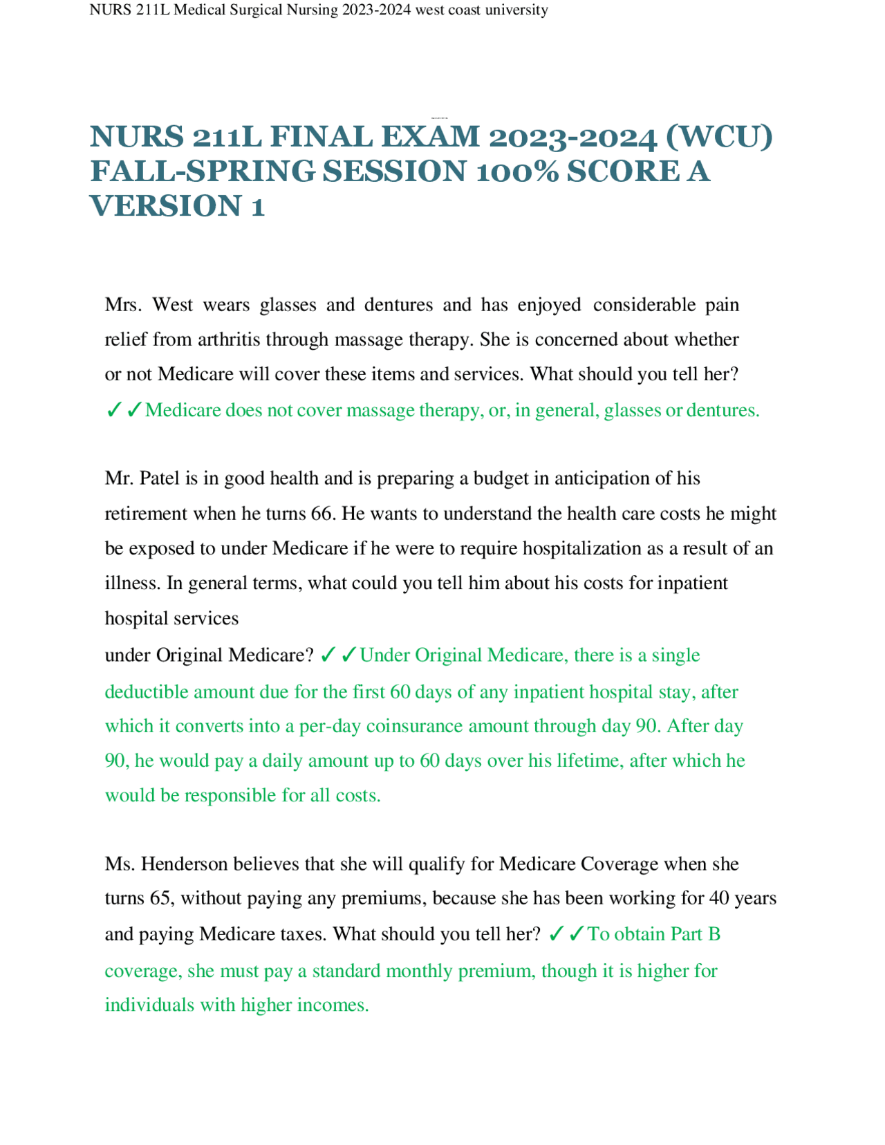 NURS 211L FINAL EXAM 2023-2024 (WCU) FALL-SPRING SESSION 100% SCORE A VERSION 1 | Exams Nursing ...