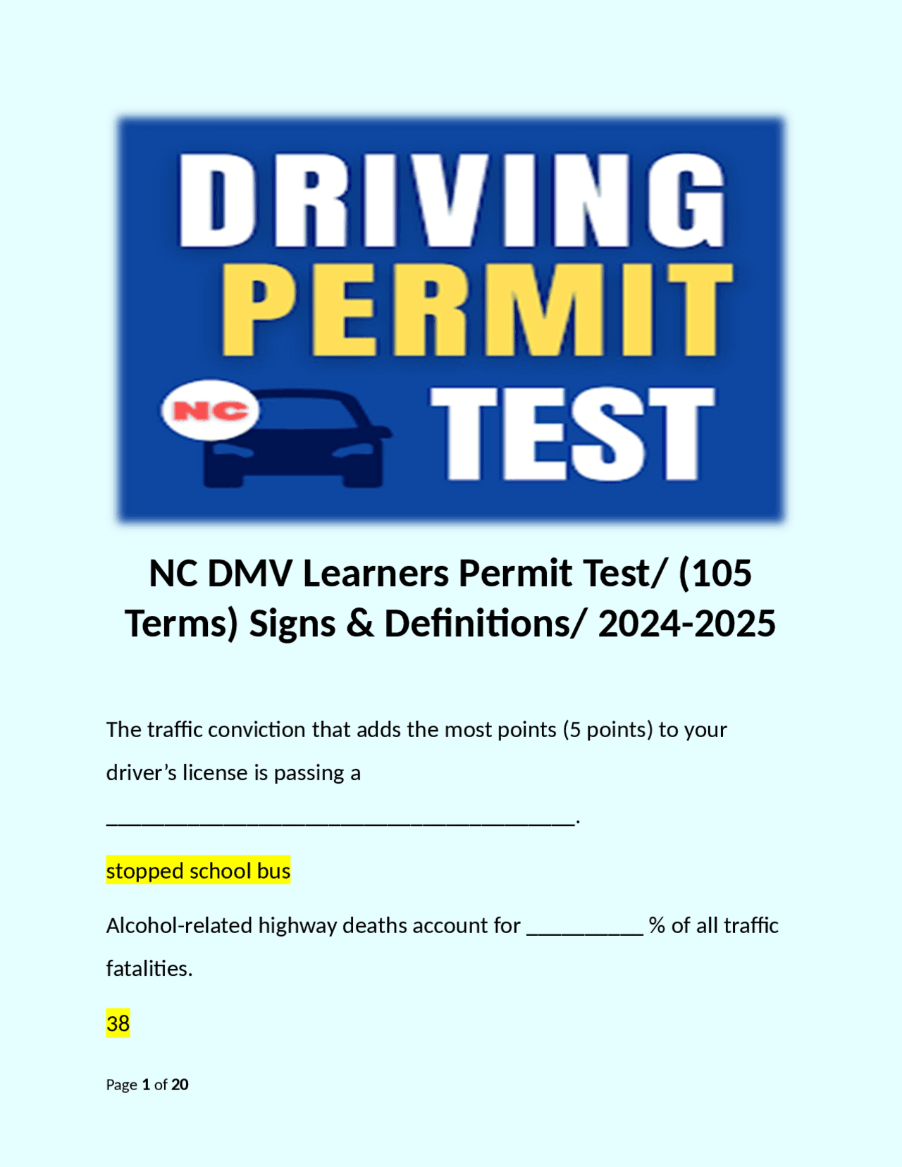 NC DMV Learners Permit Test/ (105 Terms) Signs & Definitions/ 2024-2025 ...