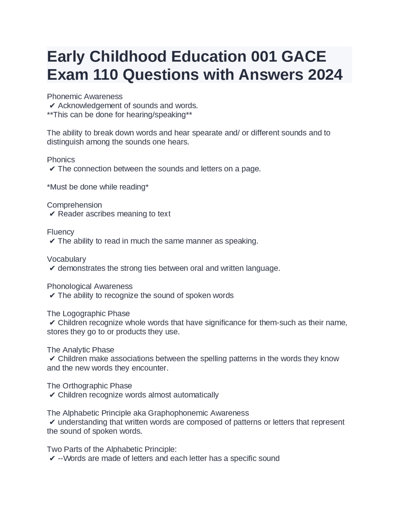 Early Childhood Education 001 GACE Exam 110 Questions with Answers 2024 ...