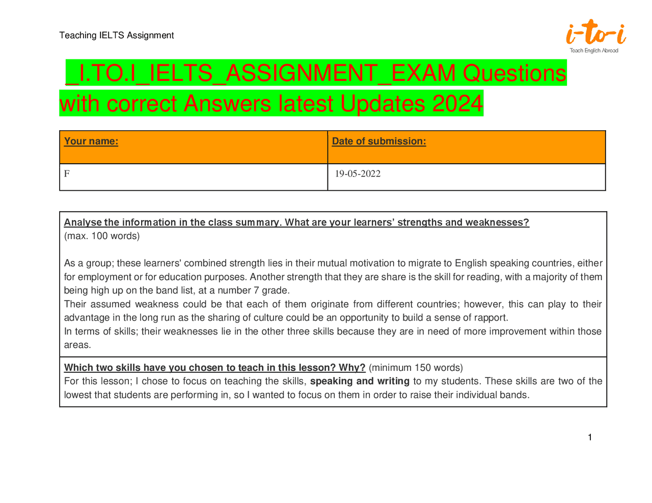 Itoiieltsassignmentexam Questions With Correct Answers Latest Updates 202 Exams Grammar