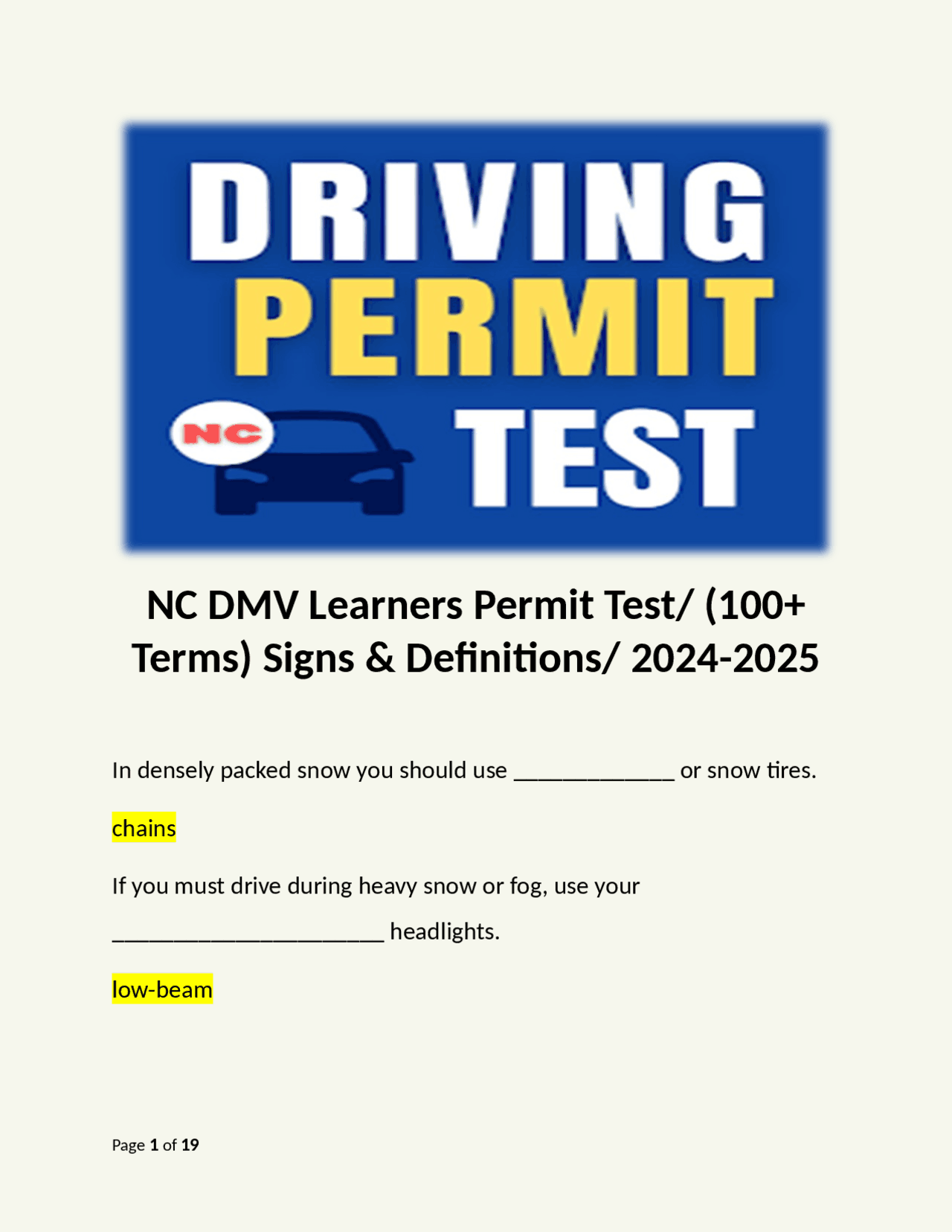 NC DMV Learners Permit Test/ (100+ Terms) Signs & Definitions/ 2024 ...