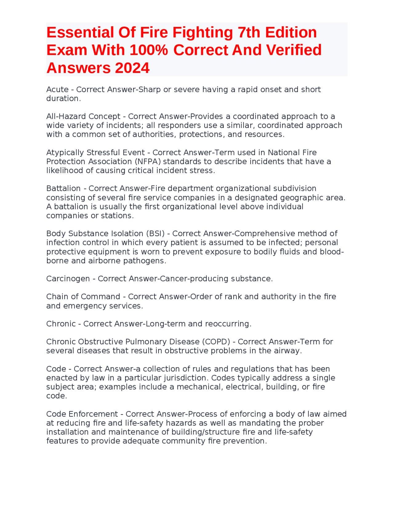 Essential Of Fire Fighting 7th Edition Exam With 100% Correct And ...