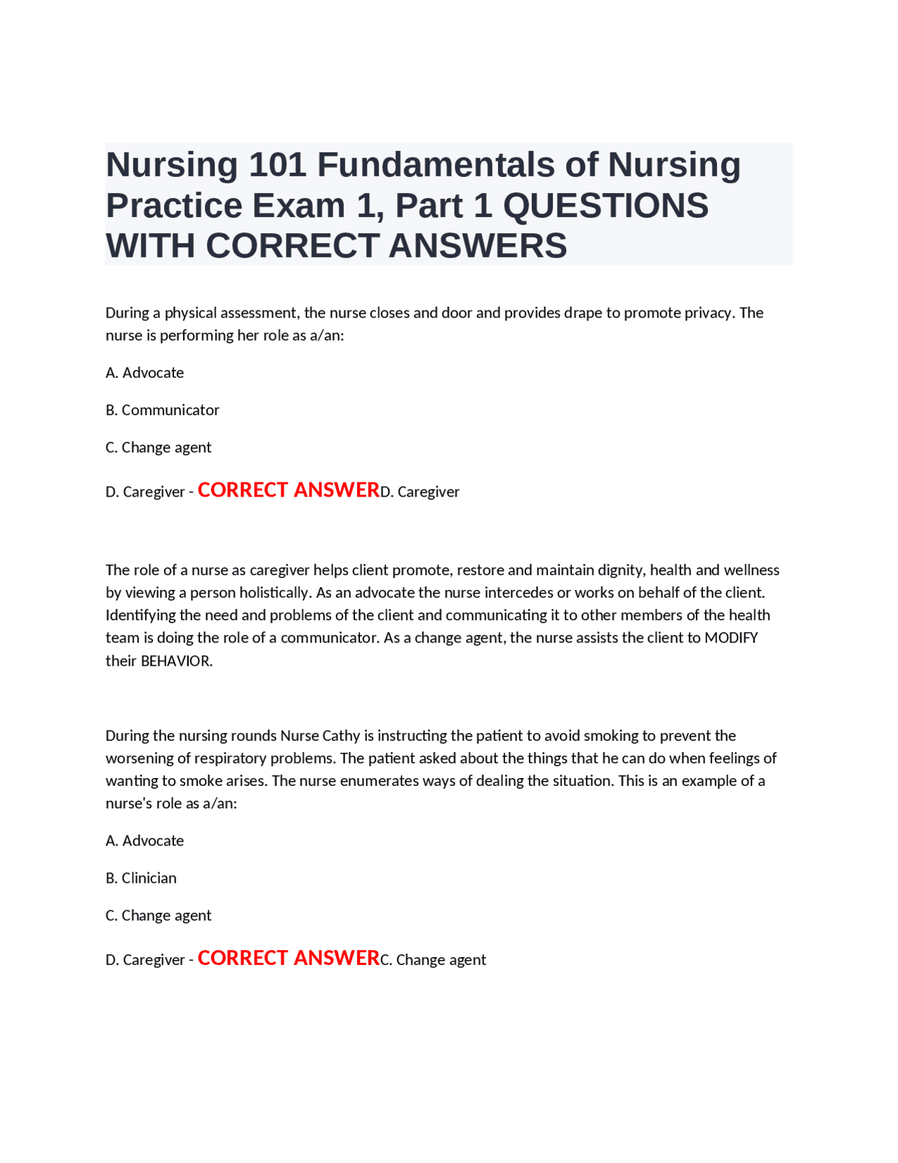 Nursing 101 Fundamentals of Nursing Practice Exam 1, Part 1 QUESTIONS ...