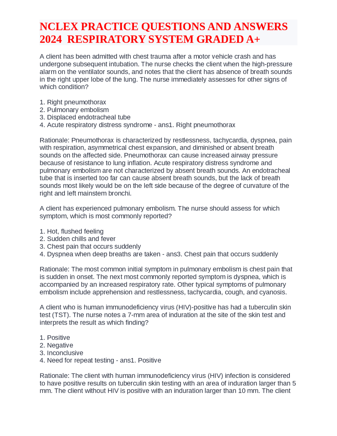 NCLEX Practice Questions and Answers - Respiratory System | Exams ...