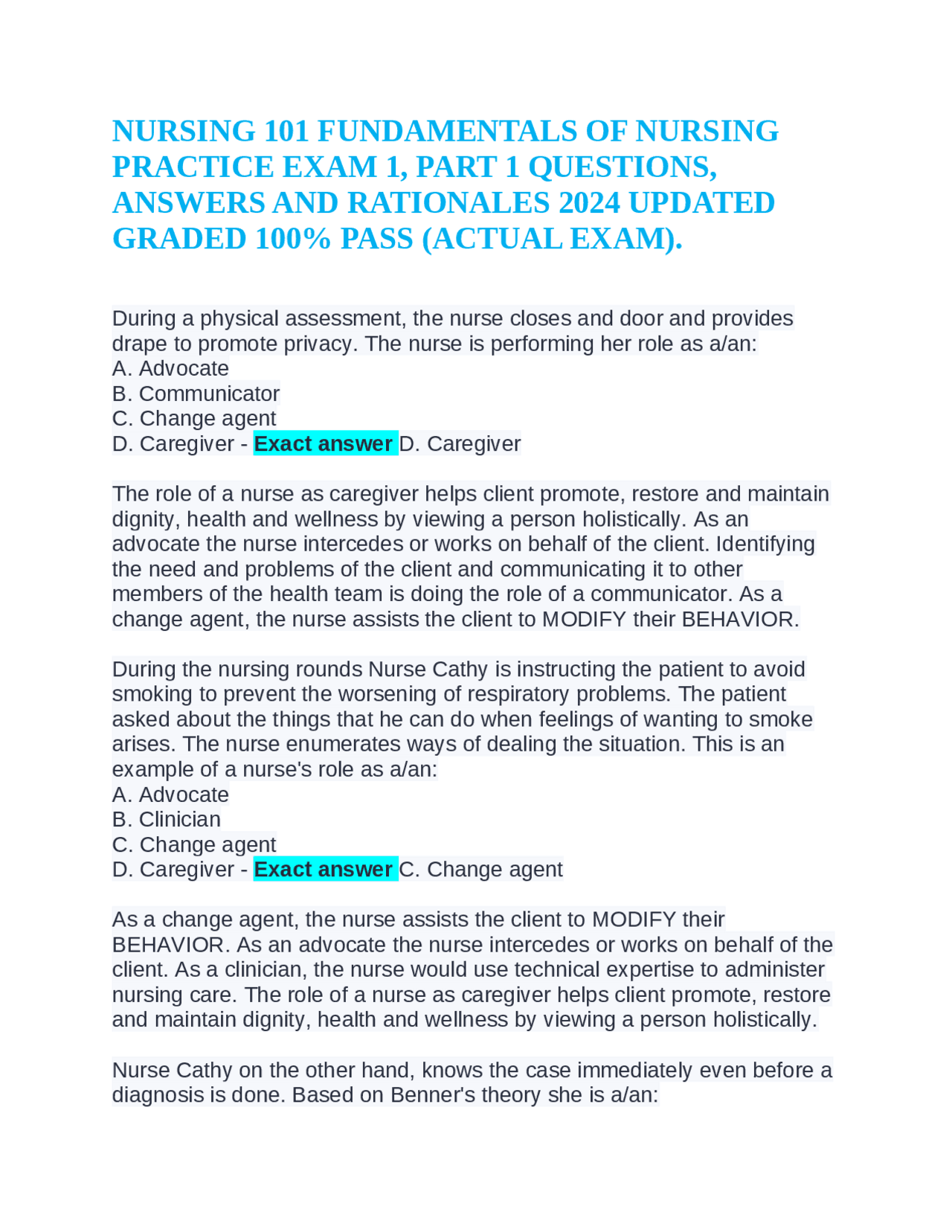 NURSING 101 FUNDAMENTALS OF NURSING PRACTICE EXAM 1, PART 1 QUESTIONS, ANSWERS AND RATIONA ...