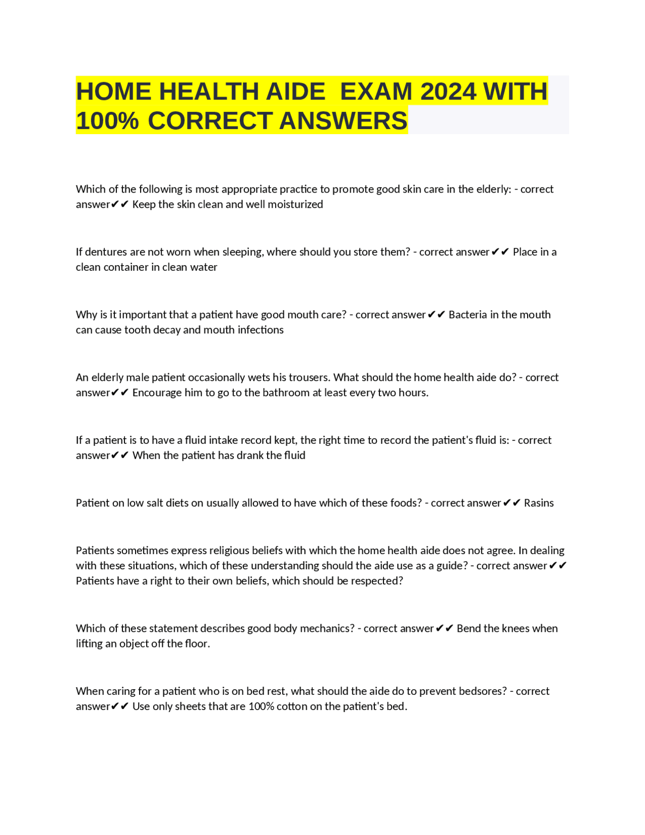 Home Health Aide Exam 2024 with 100% Correct Answers | Exams Nursing ...