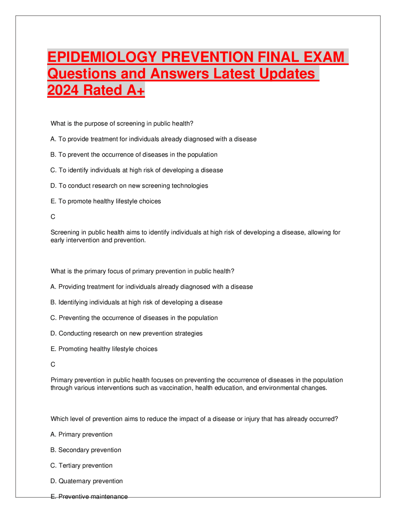 EPIDEMIOLOGY PREVENTION FINAL EXAM Questions and Answers Latest Updates ...