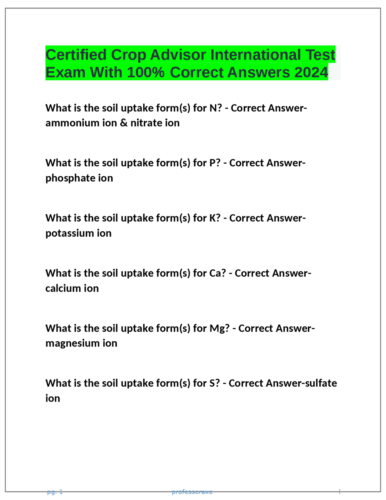 Certified Crop Advisor International Test Exam With 100% Correct ...