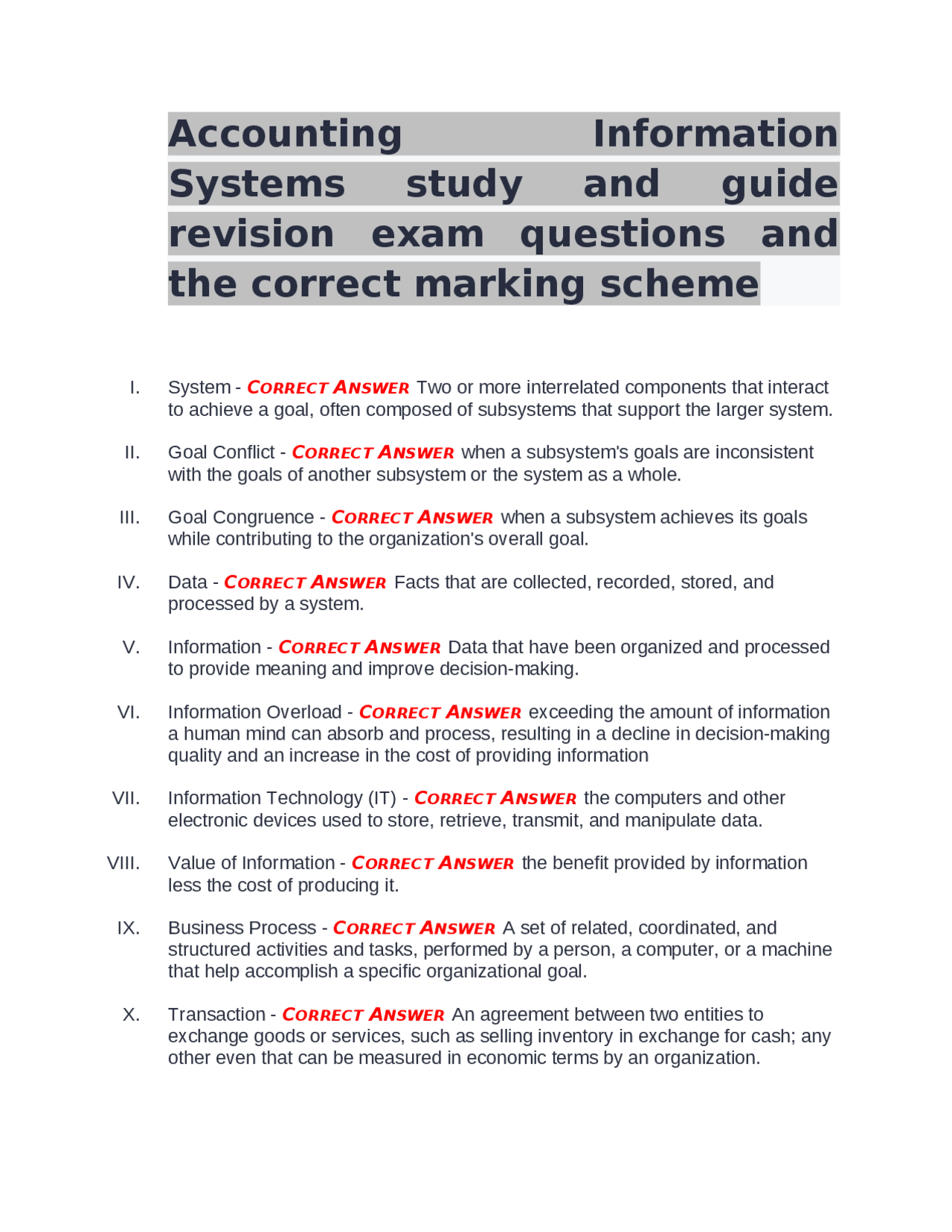 Accounting Information Systems study and guide revision exam questions ...
