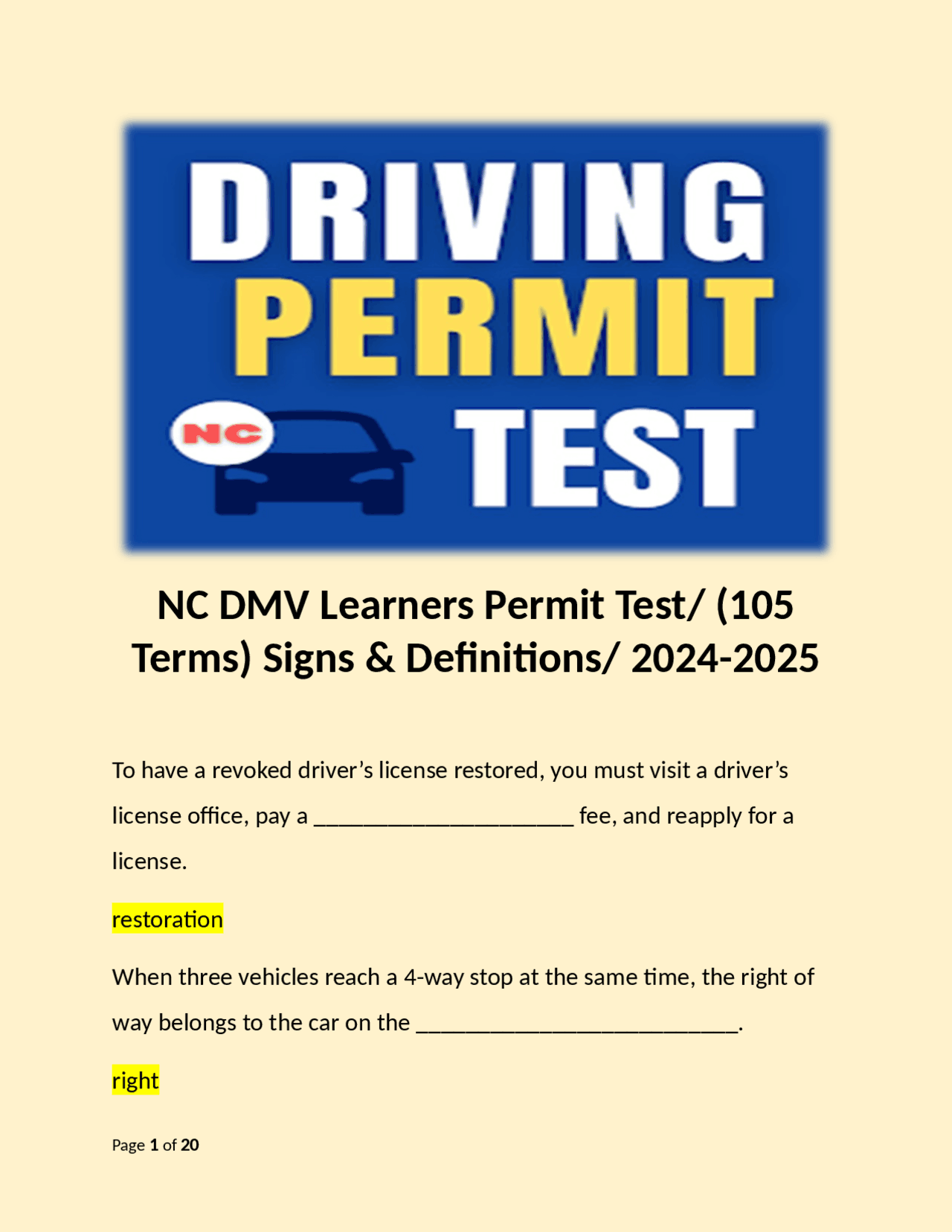 NC DMV Learners Permit Test/ (105 Terms) Signs & Definitions/ 2024-2025 ...