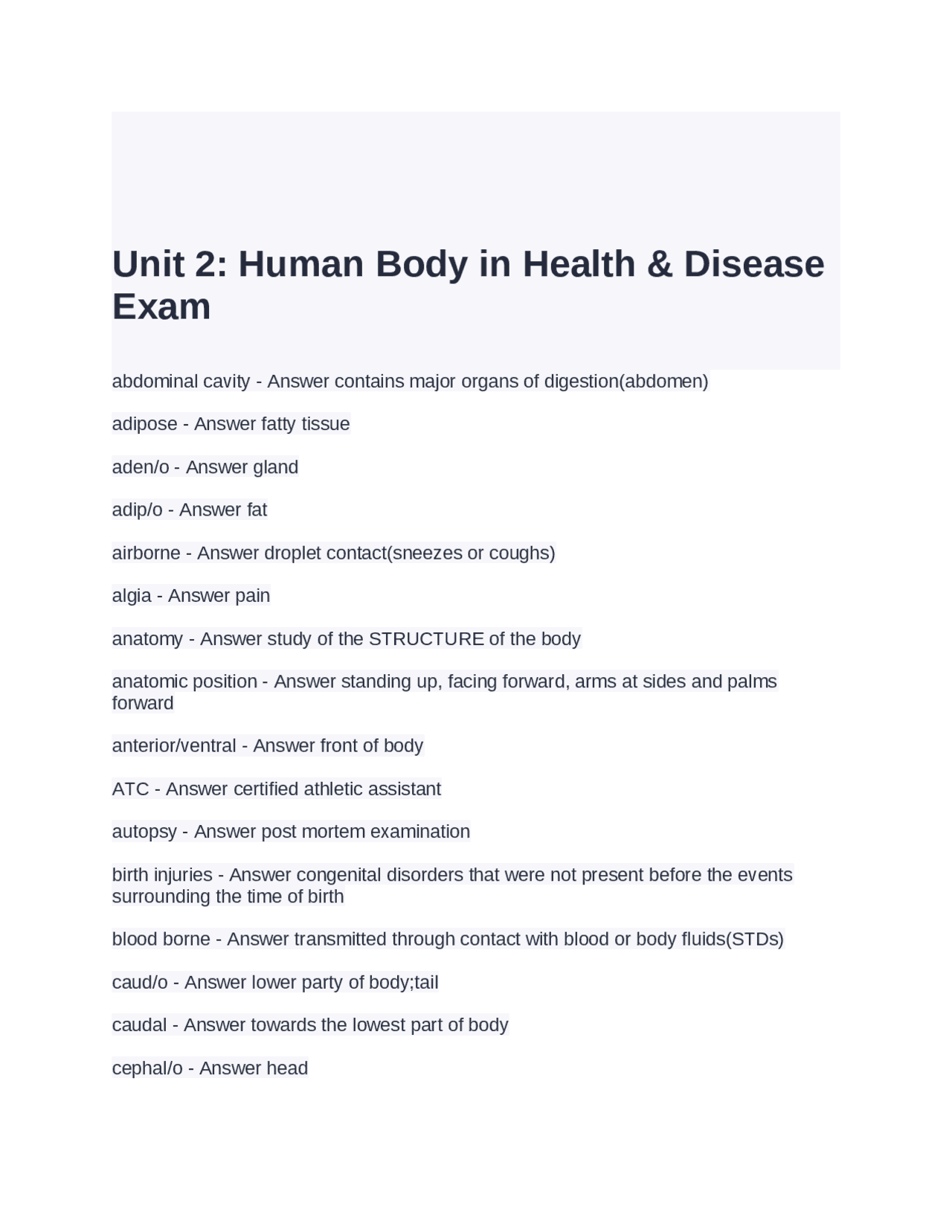 Unit 2 Human Body in Health & Disease Exam with correct Answers | Exams ...
