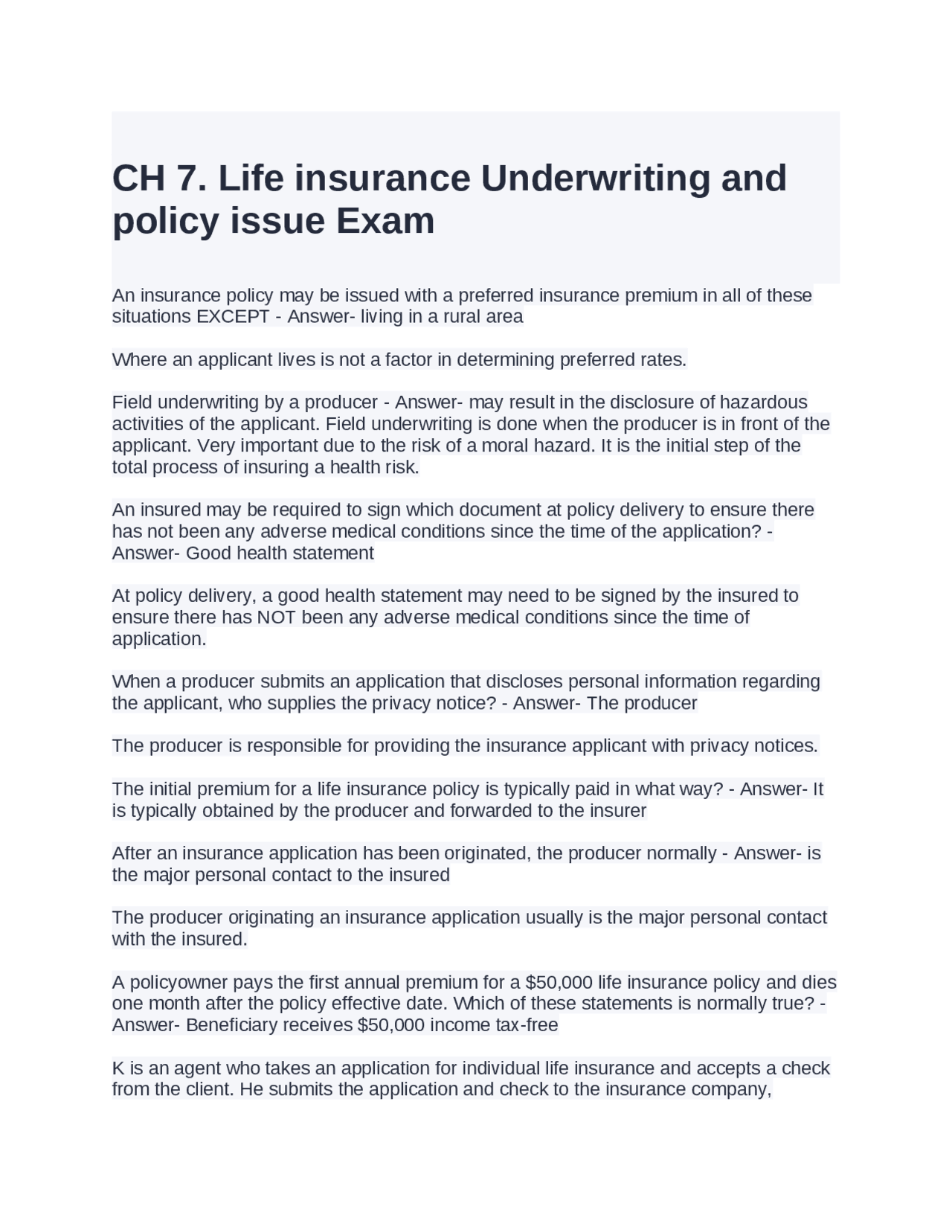 Chapter 7 Life Insurance Underwriting and Policy Issue Exam Questions ...