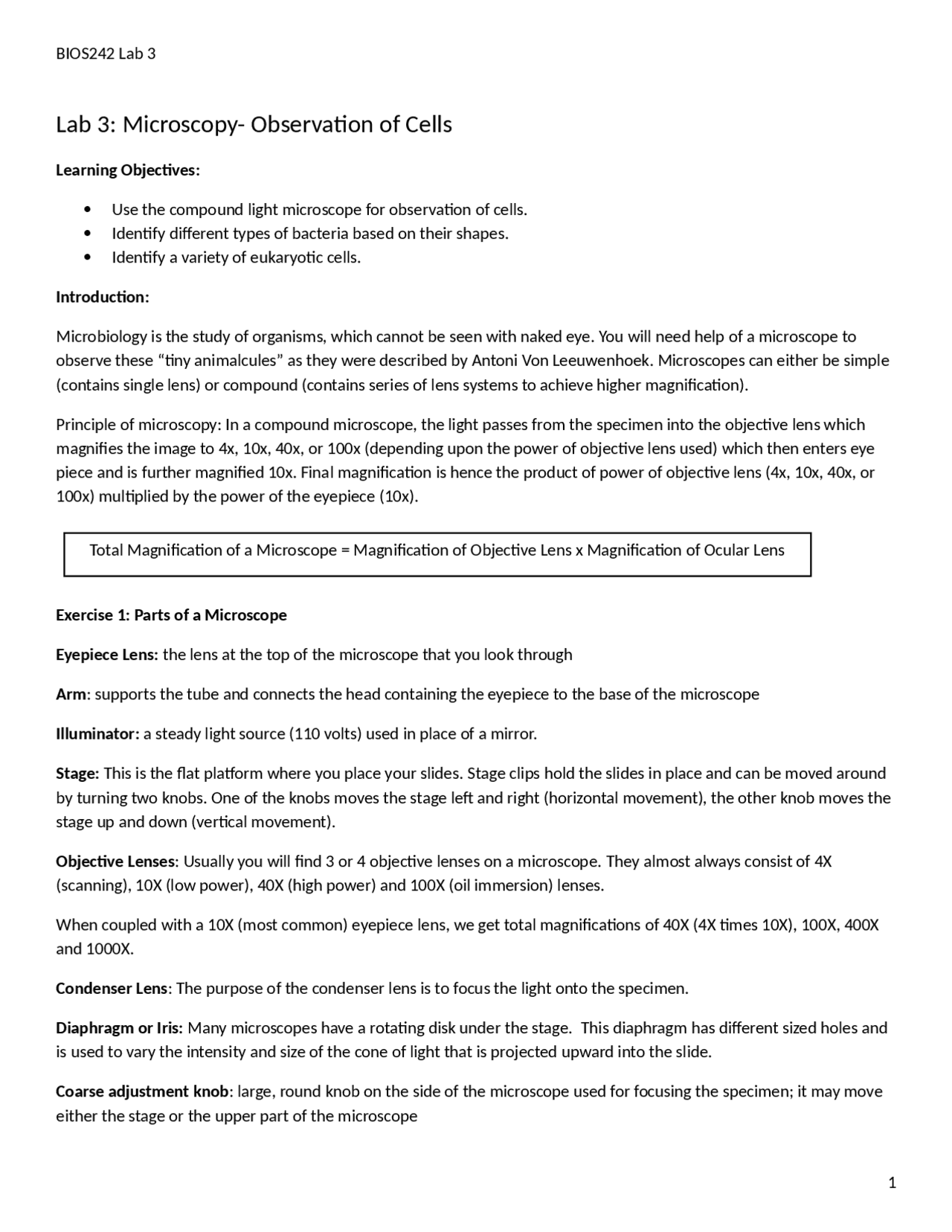 BIOS 242 Week 2 Assignment; Lab 3 of 14 Onsite; Microscopy Observation of Cells | Assignments ...