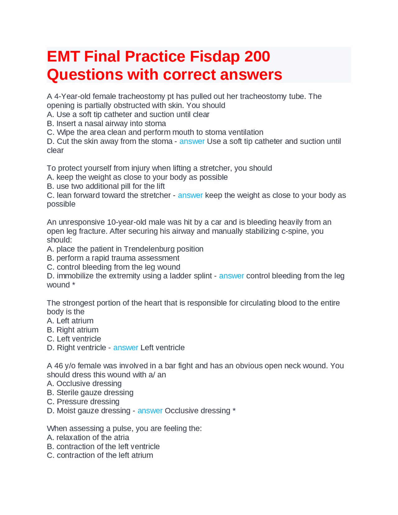 EMT Final Practice Fisdap 200 Questions with correct answers | Exams ...