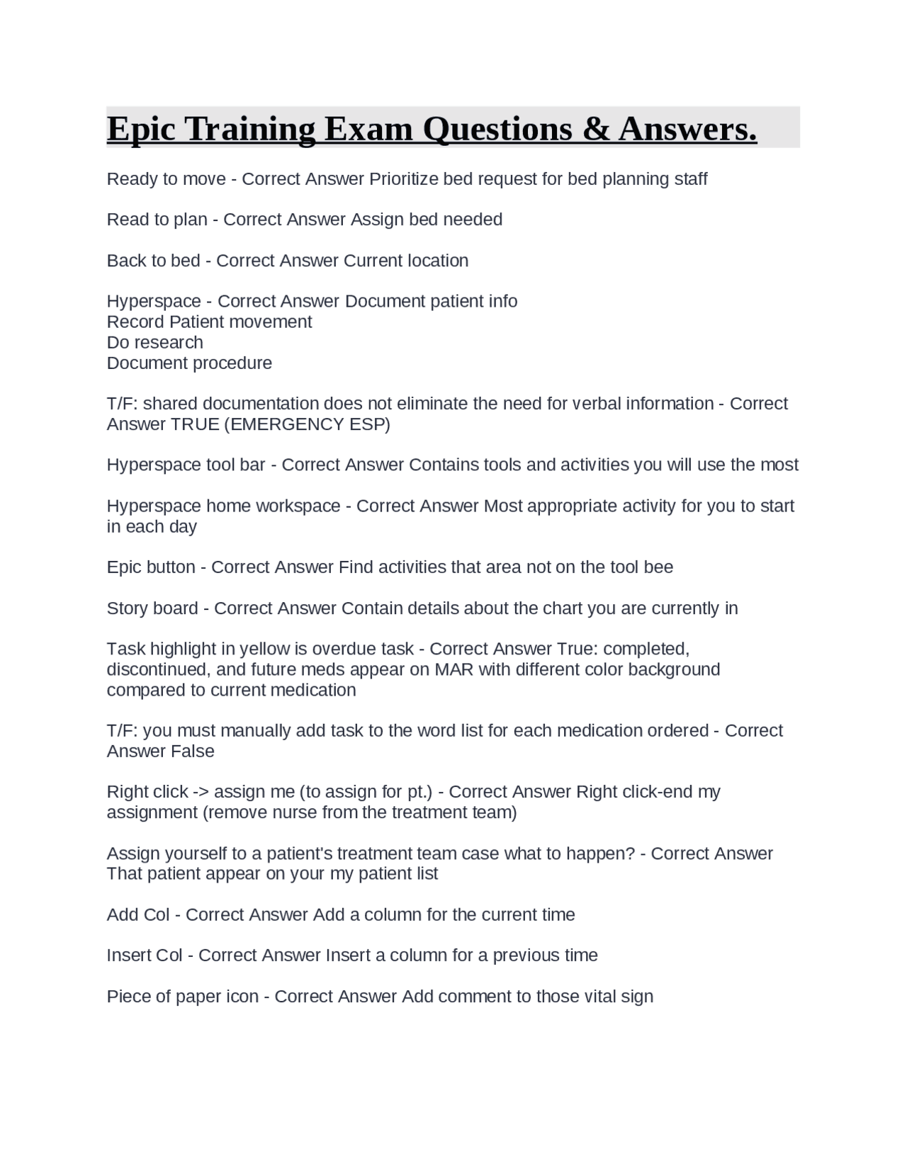 Epic Training Exam Questions & Answers. | Exams Training and ...