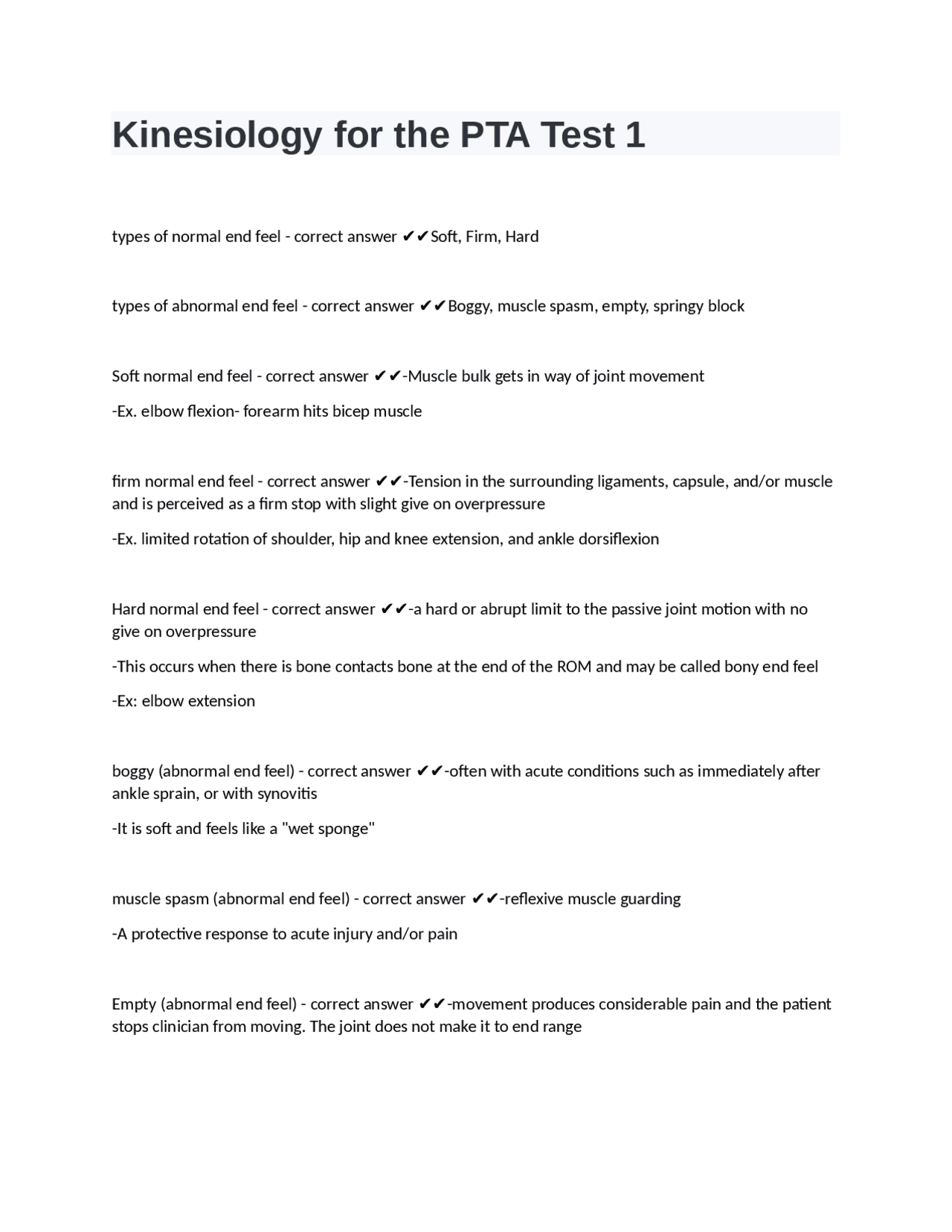 Kinesiology for the PTA Test 1 verified already passed | Exams Nursing ...