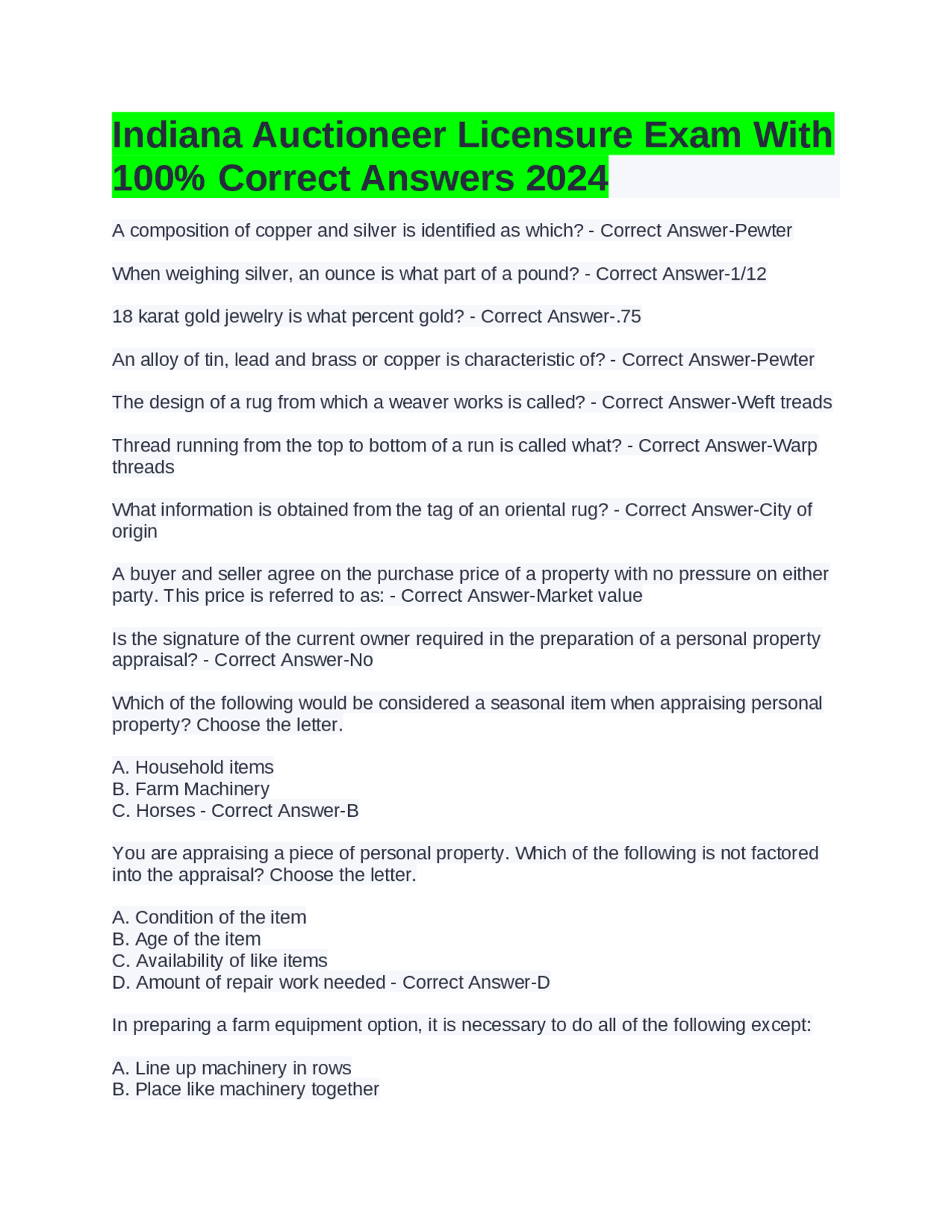 Indiana Auctioneer Licensure Exam With 100% Correct Answers 2024 ...