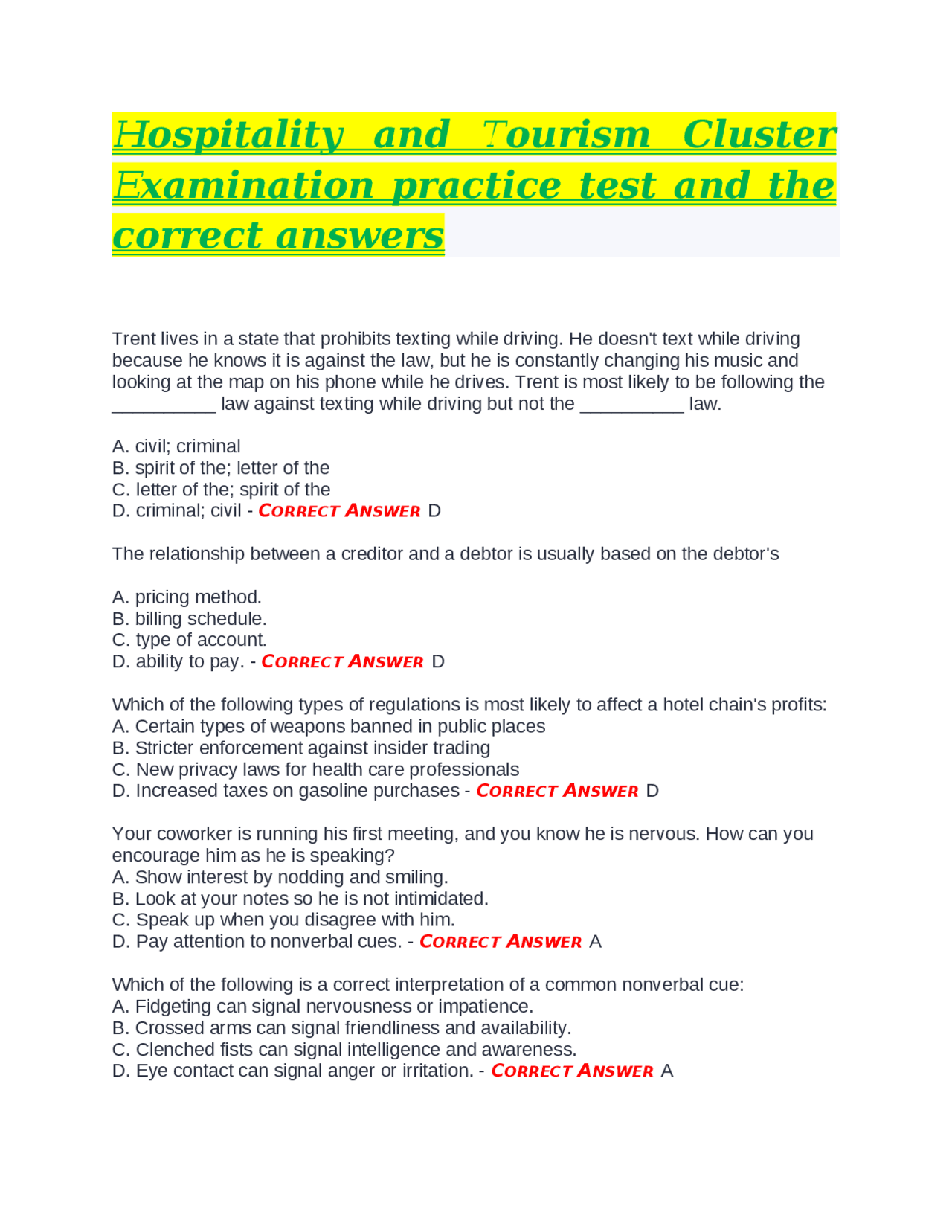 Hospitality and Tourism Cluster Examination practice test and the ...