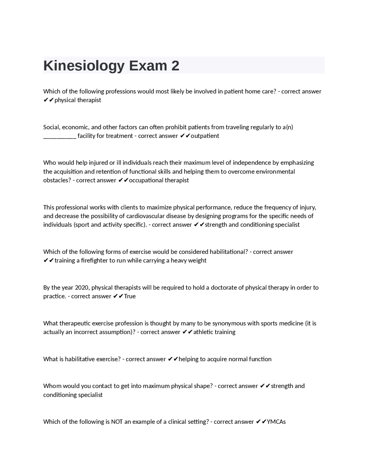 Kinesiology Exam 2 with complete solutions | Exams Nursing | Docsity