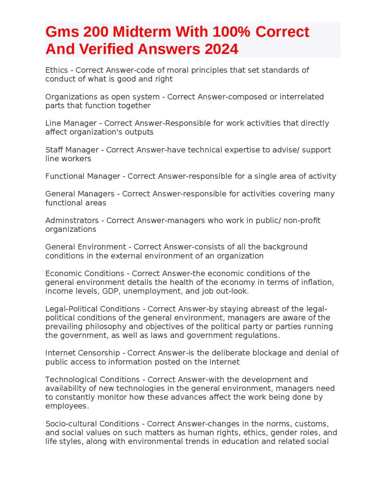 Gms 200 Midterm With 100% Correct And Verified Answers 2024 | Exams Advanced Education | Docsity