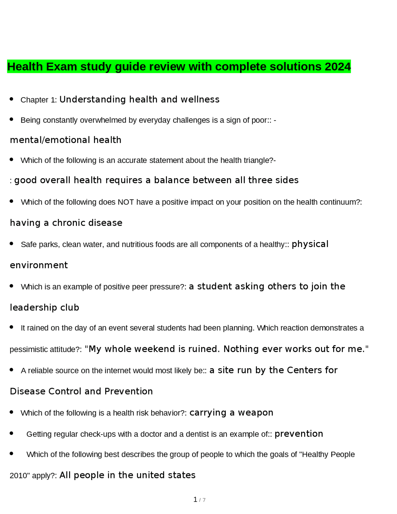Health Exam study guide review with complete solutions 2024 | Exams ...