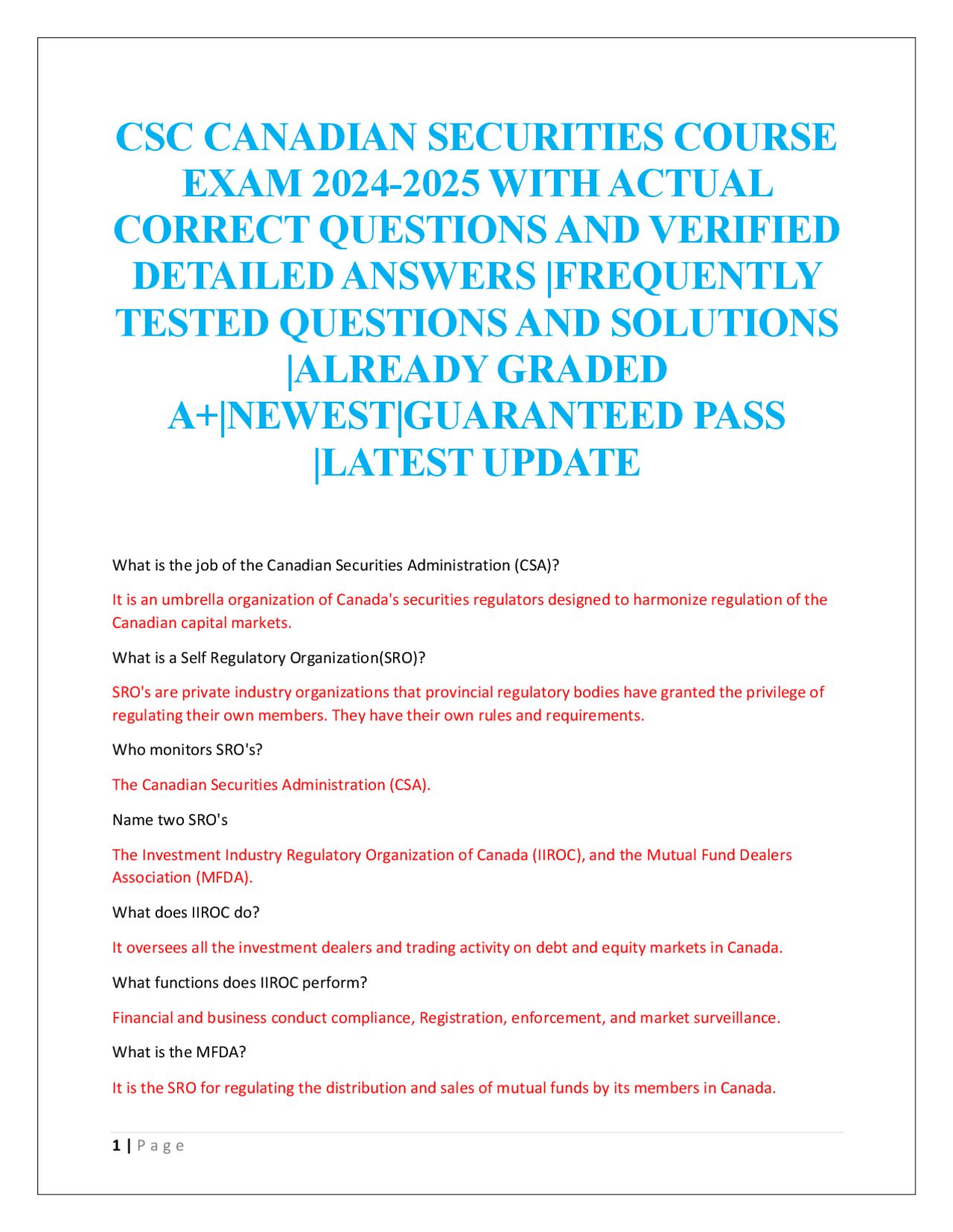 CSC CANADIAN SECURITIES COURSE EXAM 2024-2025 | Exams Nursing | Docsity
