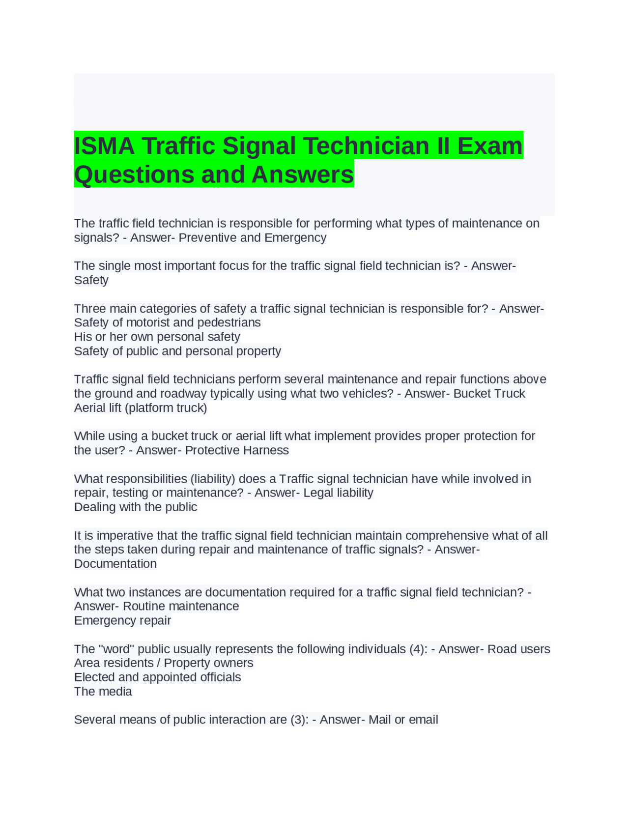 ISMA Traffic Signal Technician II Exam Questions and Answers | Exams ...