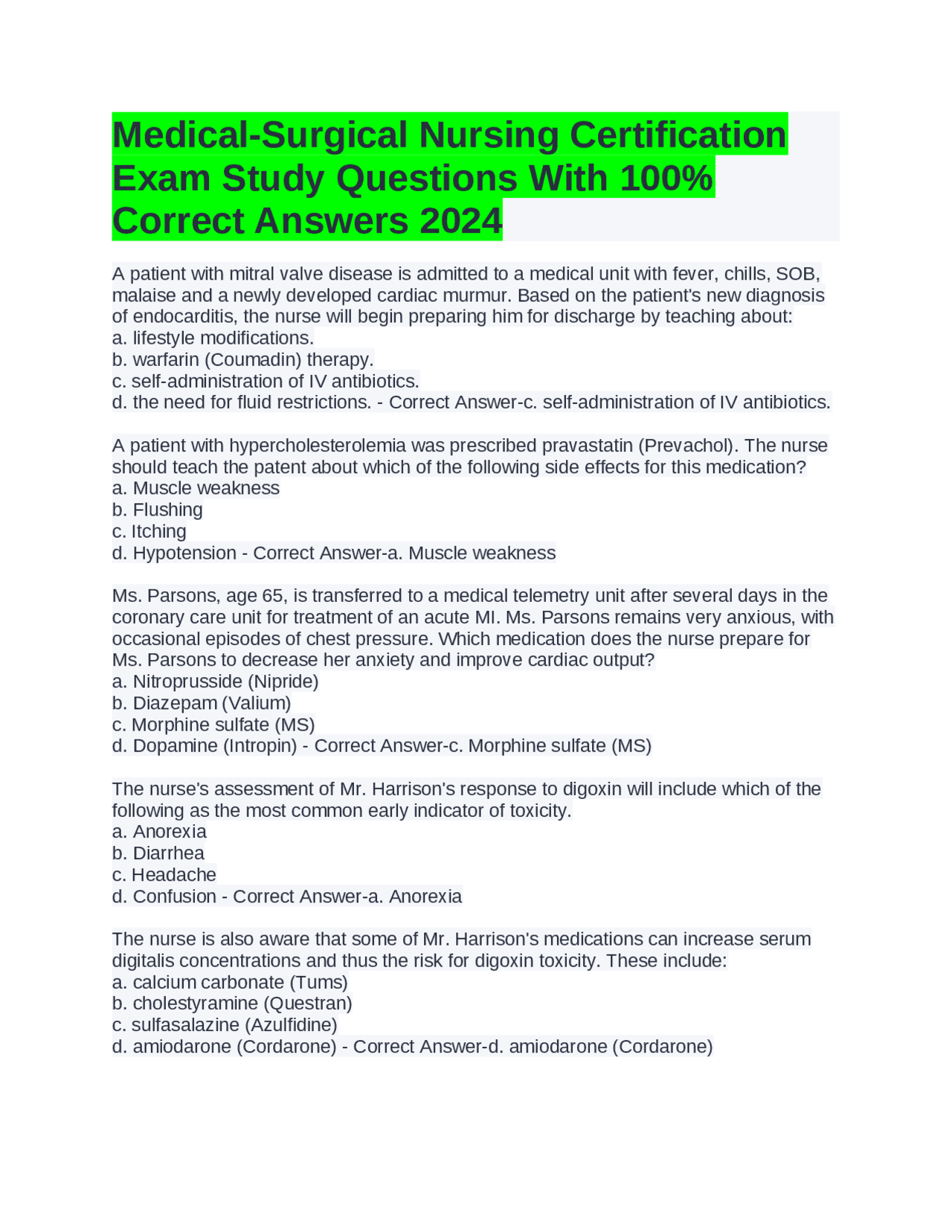 Medical-Surgical Nursing Certification Exam Study Questions With 100% Correct Answers 2024 ...