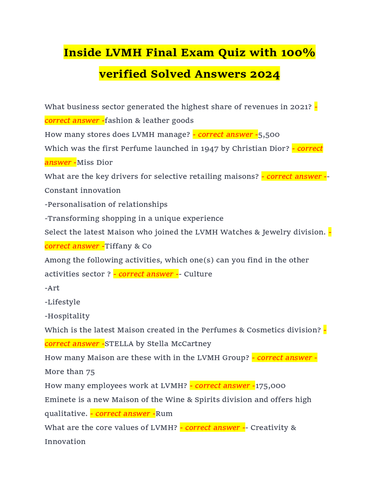 Inside LVMH Final Exam Quiz with 100% verified Solved Answers 2024 | Exams Nursing | Docsity