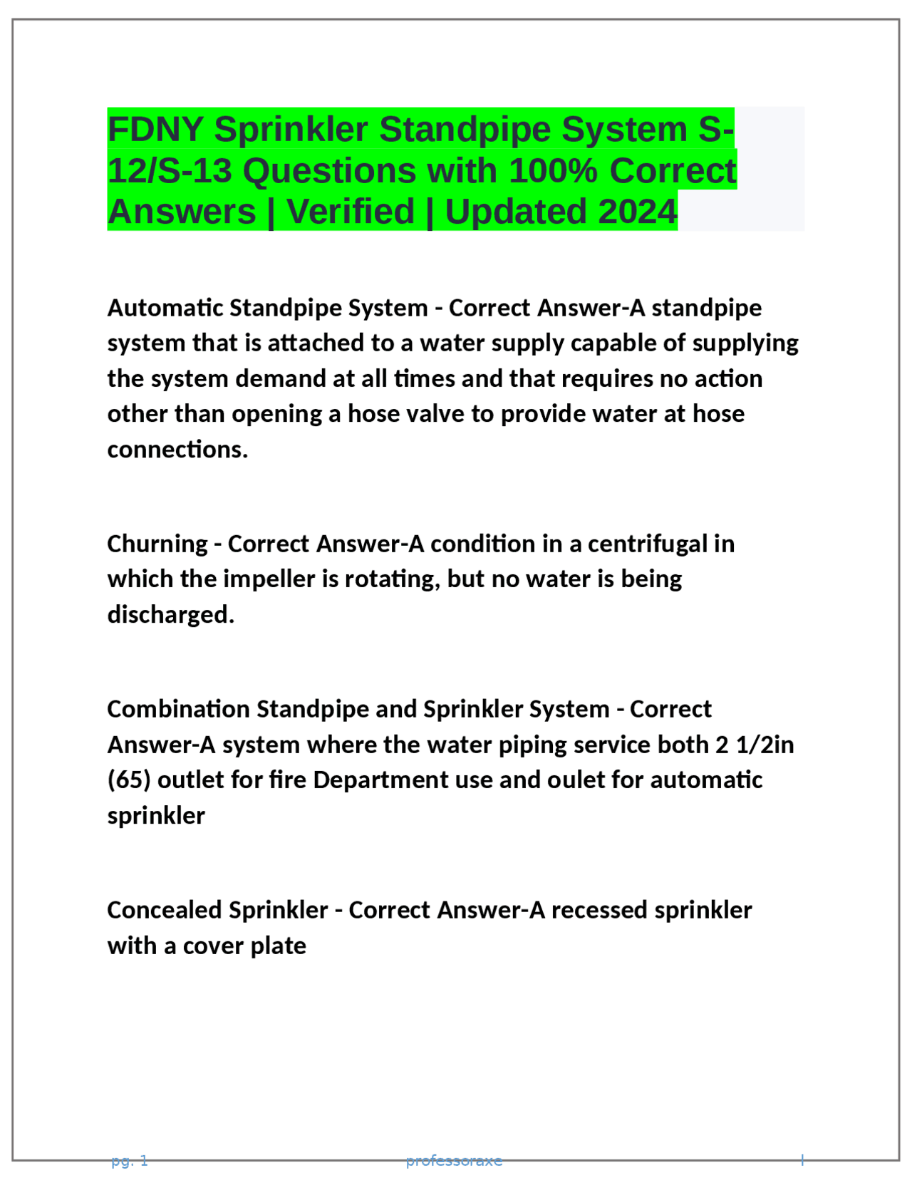 FDNY Sprinkler Standpipe System S-12/S-13 Questions with 100% Correct ...