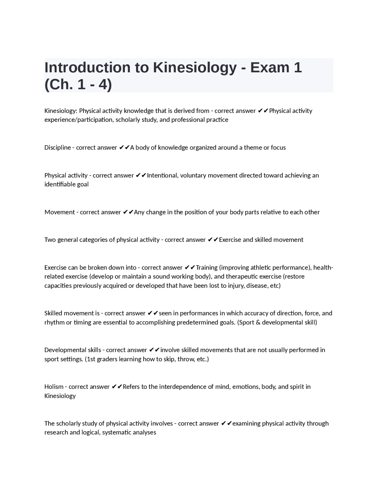 Introduction to Kinesiology - Exam 1 (Ch. 1 - 4) questions with ...
