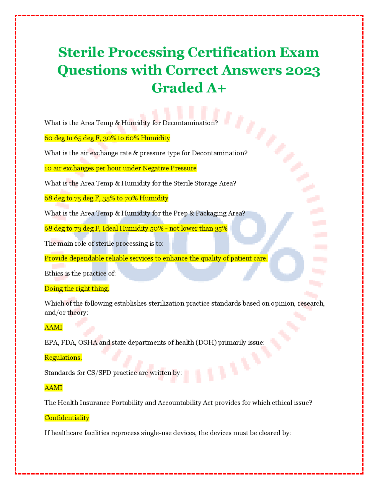 Sterile Processing Certification Exam Questions with Correct Answers 2023 Graded A+ | Exams ...