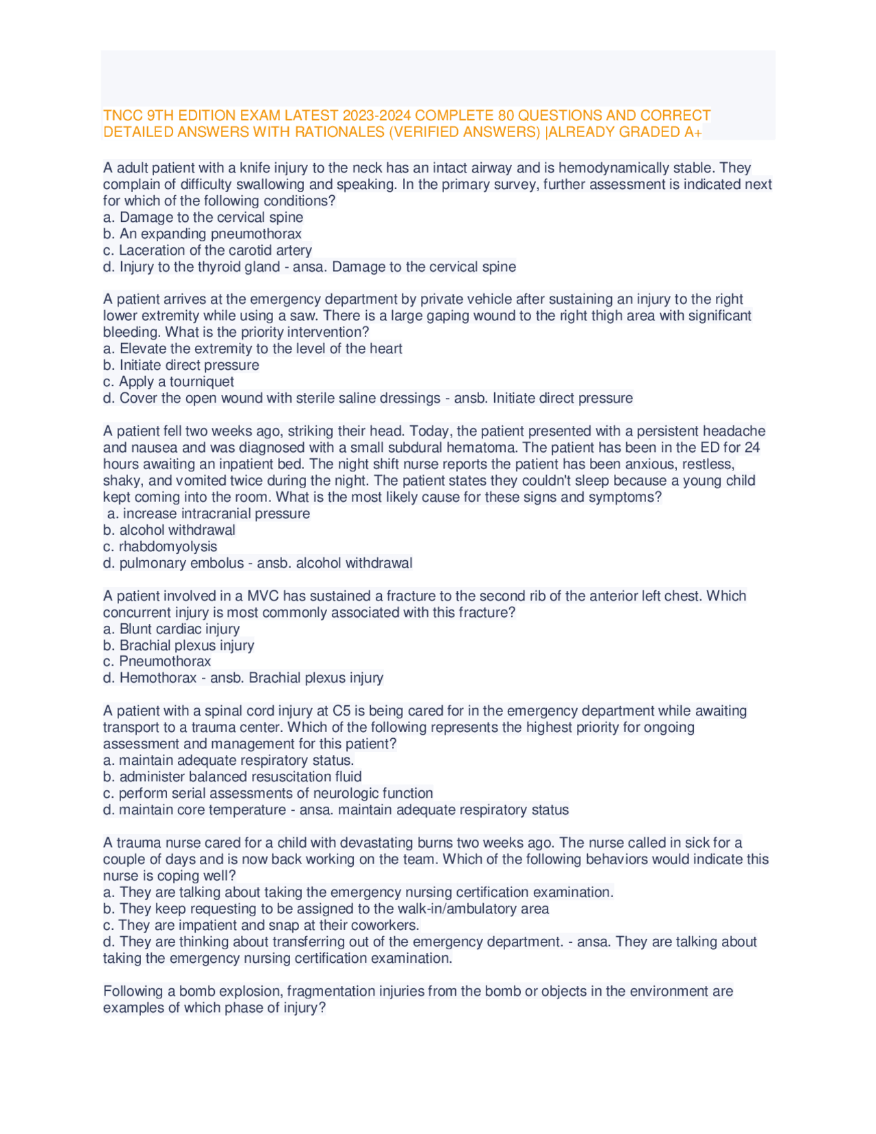 TNCC 9TH EDITION EXAM LATEST 2023-2024 COMPLETE 80 QUESTIONS AND ...