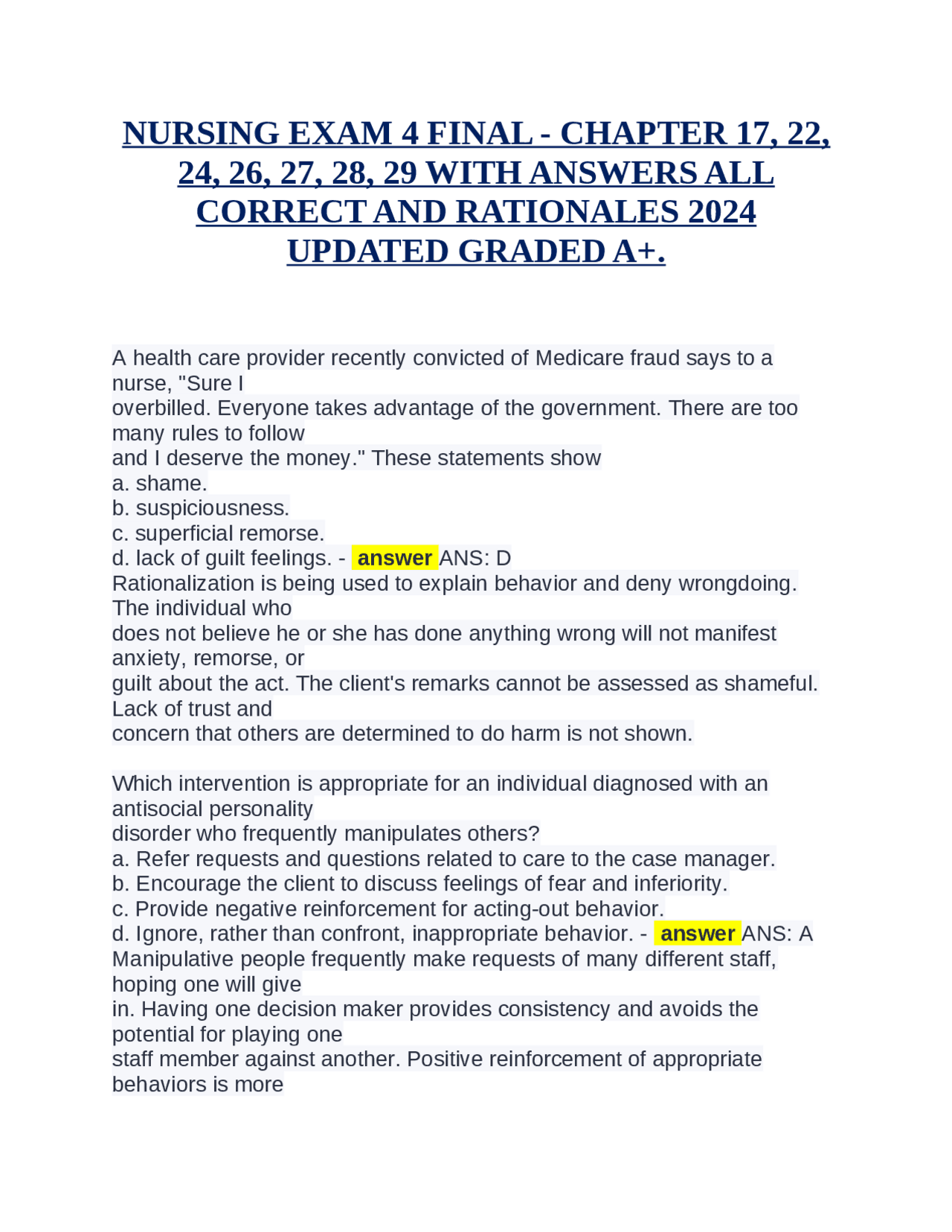 NURSING EXAM 4 FINAL - CHAPTER 17, 22, 24, 26, 27, 28, 29 WITH ANSWERS ...