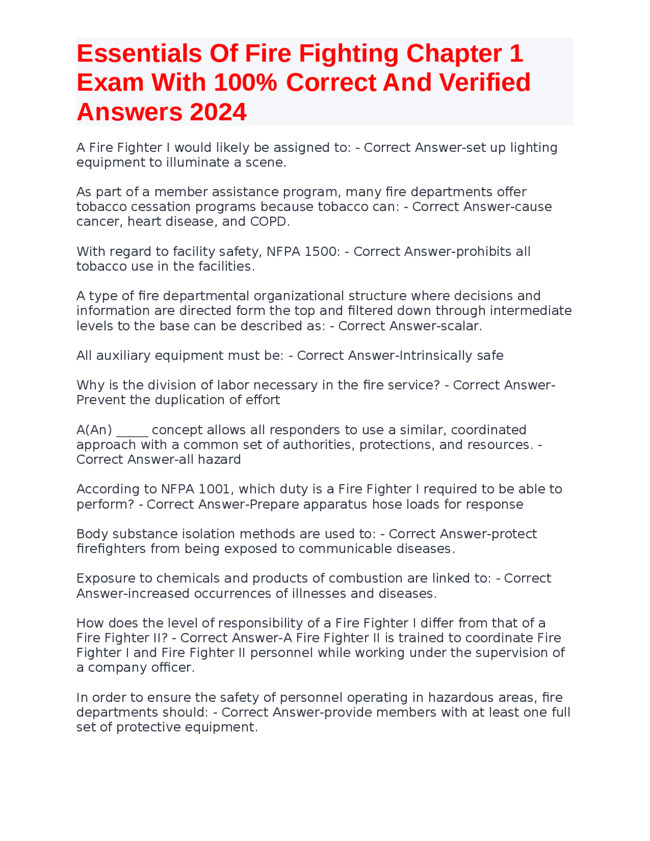 Essentials Of Fire Fighting Chapter 1 Exam With 100% Correct And ...