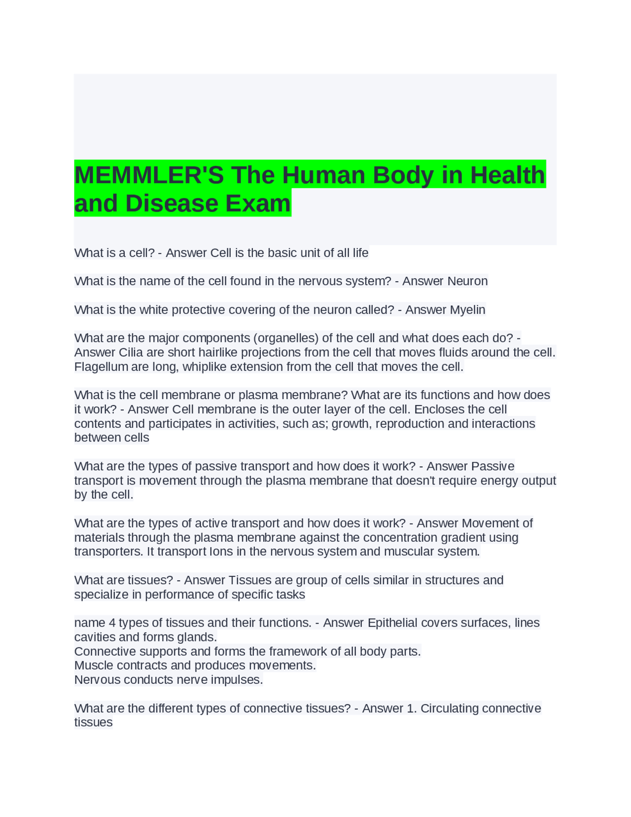 MEMMLER'S The Human Body in Health and Disease Exam Questions and ...