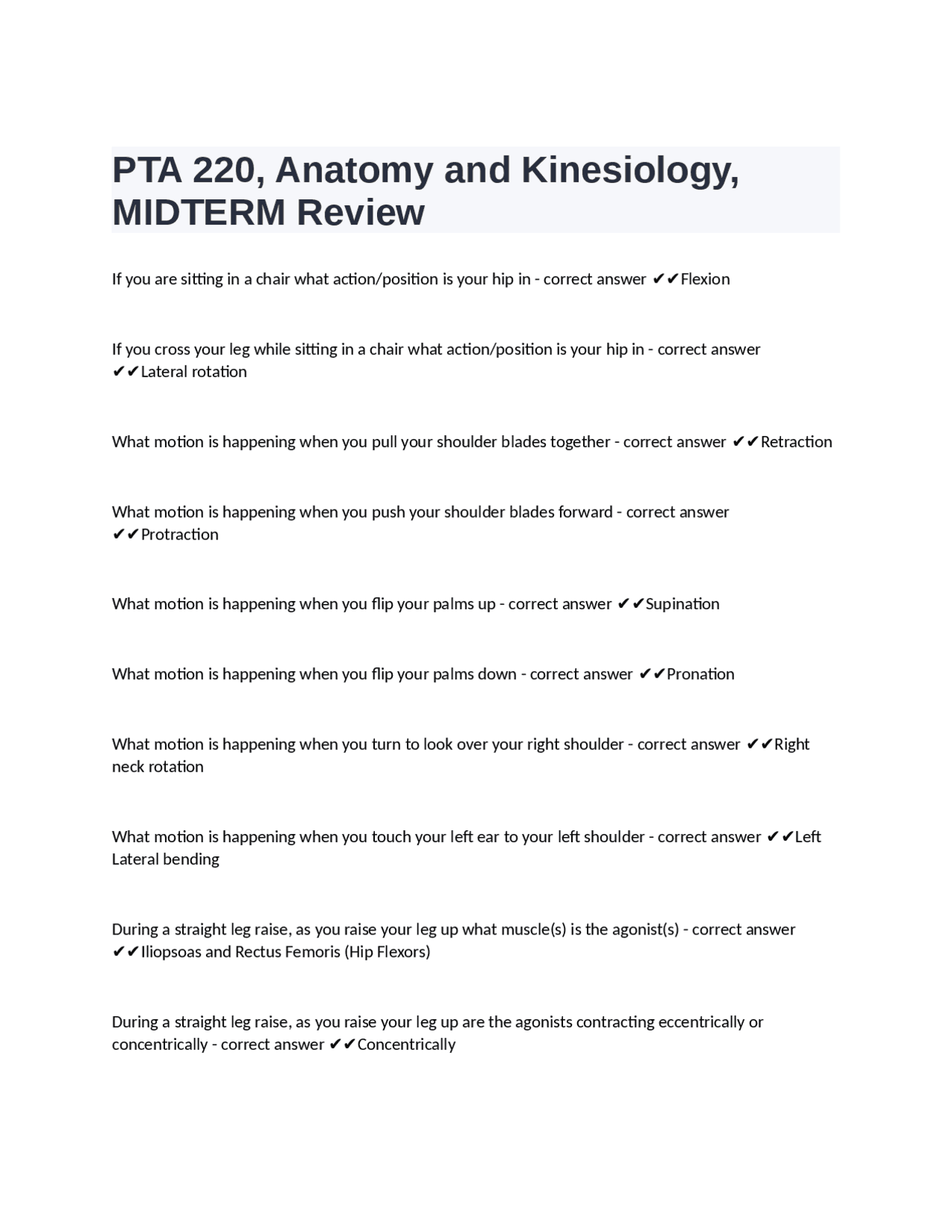 PTA 220, Anatomy and Kinesiology, MIDTERM Review updated already passed ...