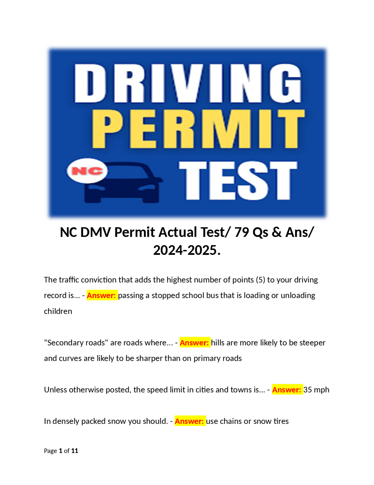 NC DMV Permit Actual Test/ 79 Qs & Ans/ 2024-2025. | Exams European ...