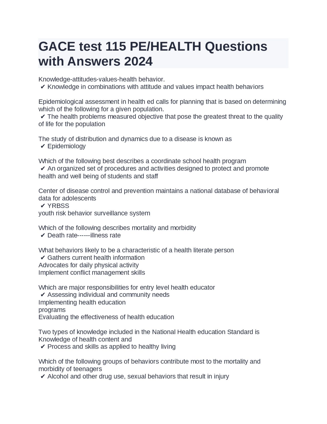 GACE test 115 PE/HEALTH Questions with Answers 2024 | Exams Linguistics ...