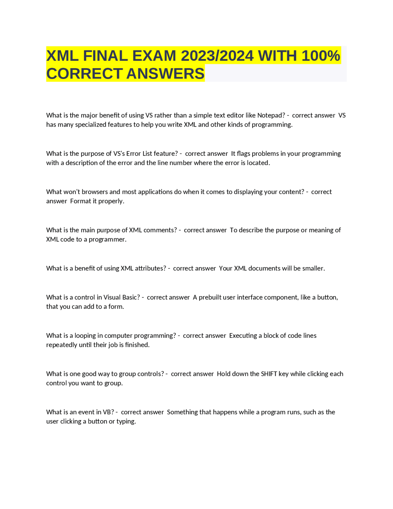 XML FINAL EXAM 2023/2024 WITH 100% CORRECT ANSWERS | Exams Nursing ...