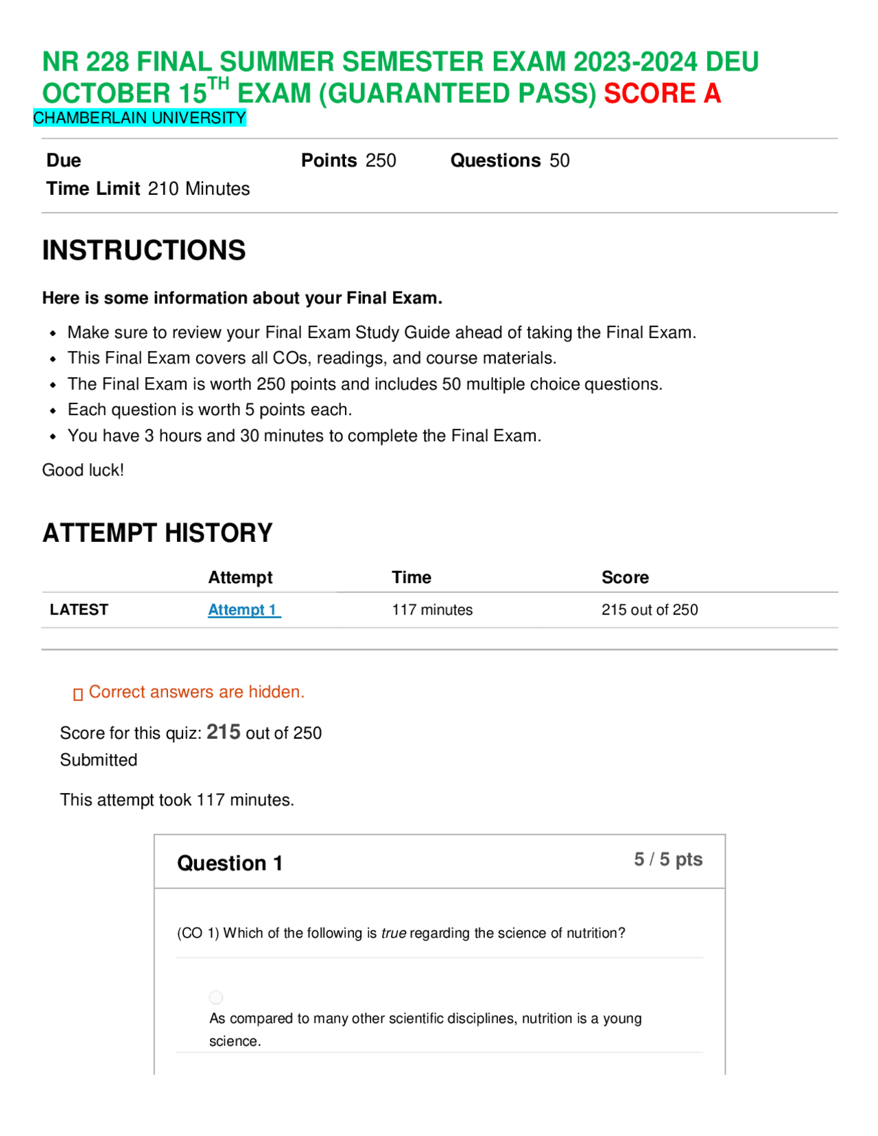 NR 228 FINAL SUMMER SEMESTER EXAM 2023-2024 DEU OCTOBER 15TH EXAM (GUARANTEED PASS) | Exams ...