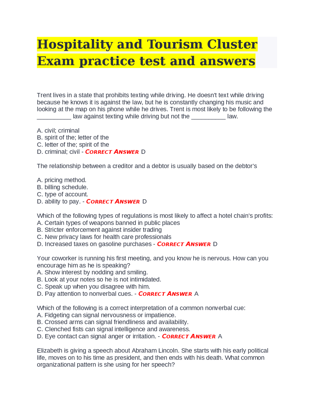 Hospitality and Tourism Cluster Exam practice test and answers | Exams ...