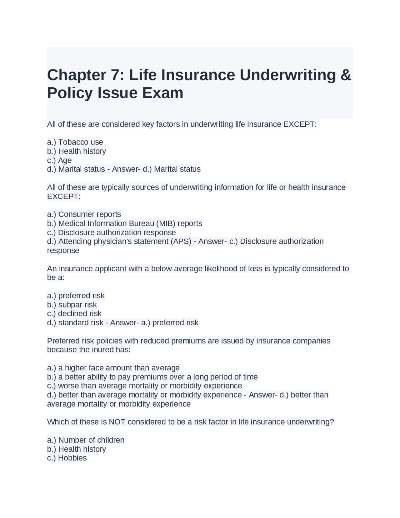 Chapters Life Insurance Underwriting & Policy Issue Exam Questions and ...