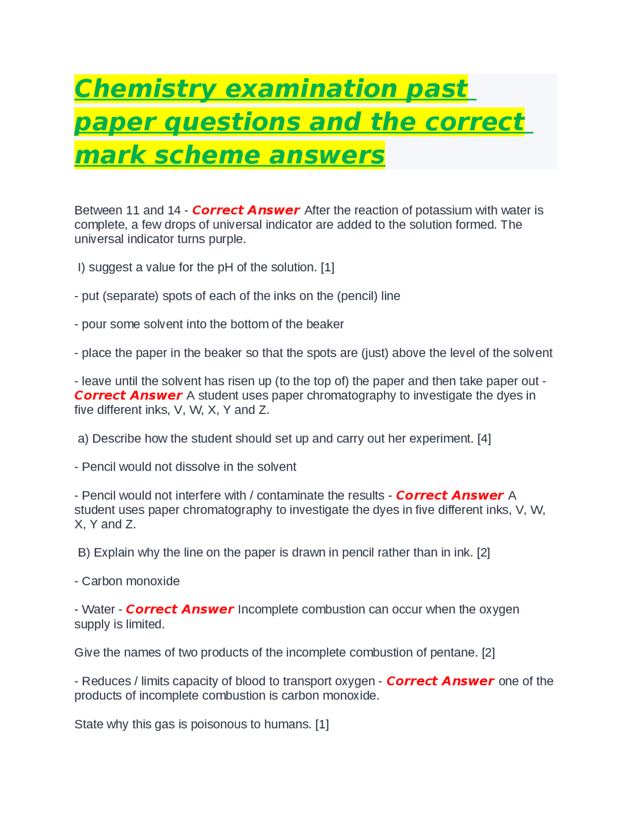 Chemistry examination past paper questions and the correct mark scheme ...